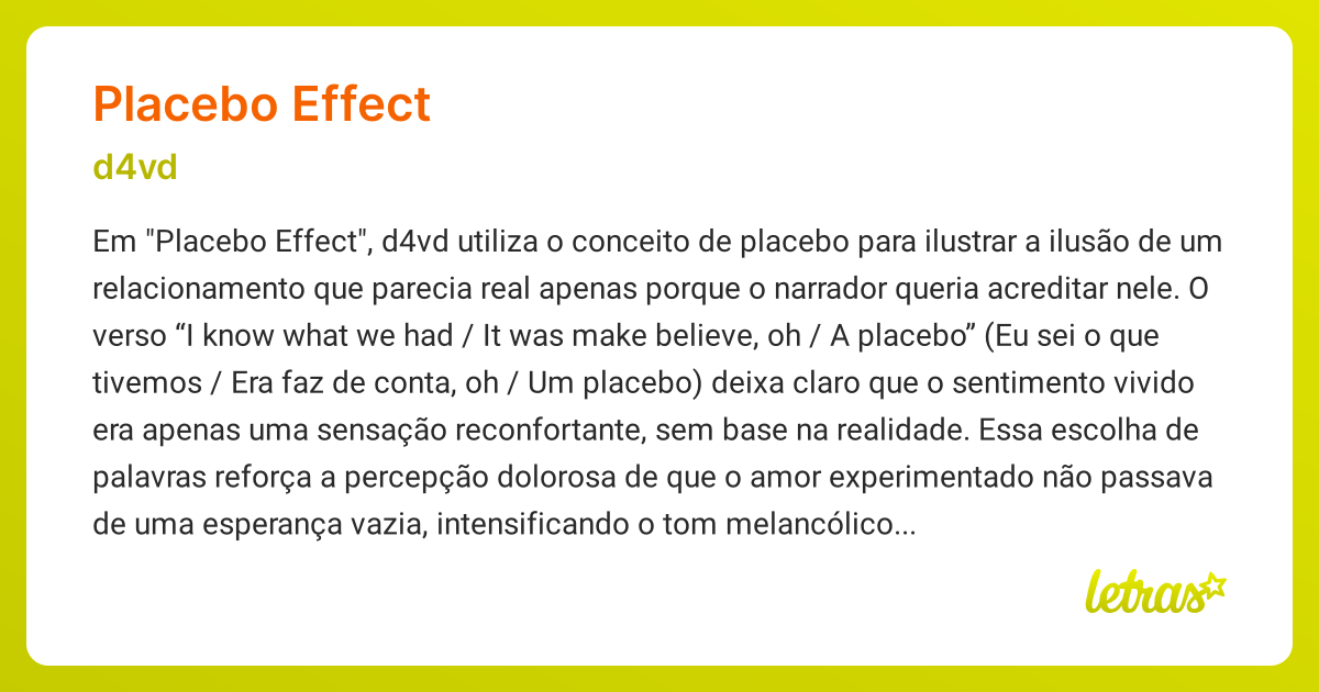 Significado da música PLACEBO EFFECT (d4vd) - LETRAS.MUS.BR