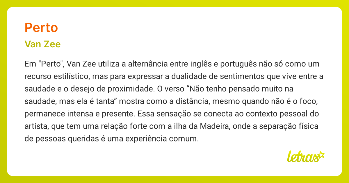 Significado da música PERTO (Van Zee) - LETRAS.MUS.BR