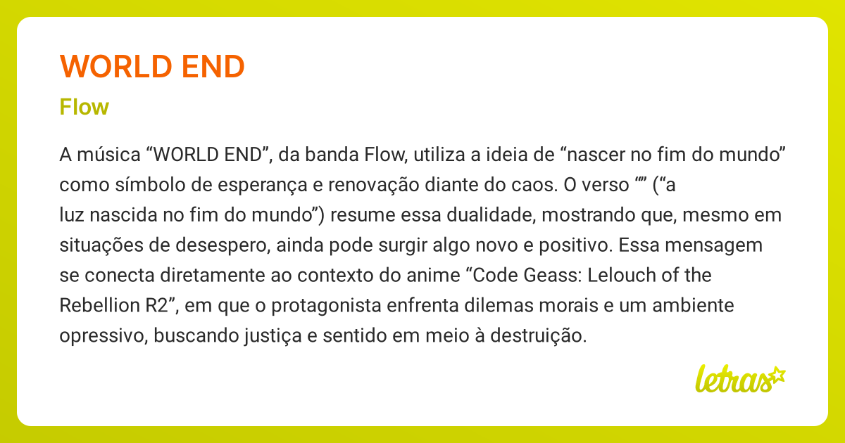 Significado da música WORLD END (Flow) - LETRAS.MUS.BR