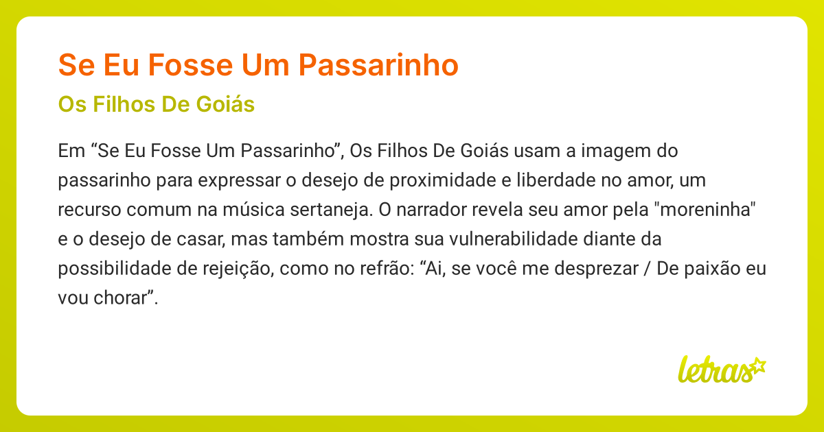 Significado da música SE EU FOSSE UM PASSARINHO (Os Filhos De Goiás ...