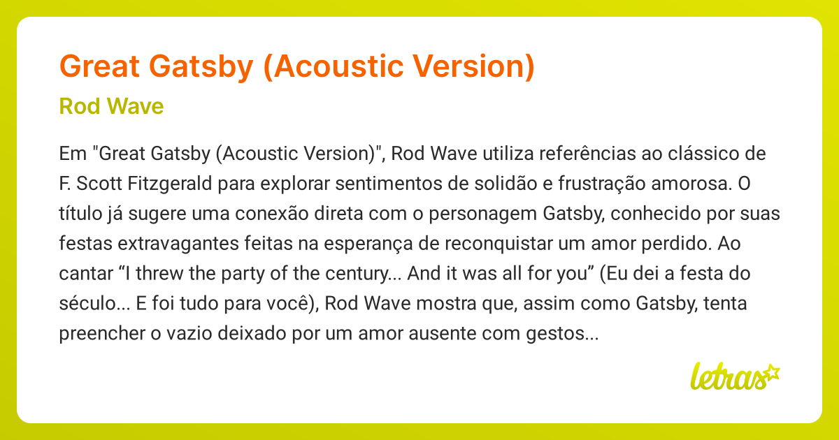 Significado da música Great Gatsby (Acoustic Version) (Rod Wave ...