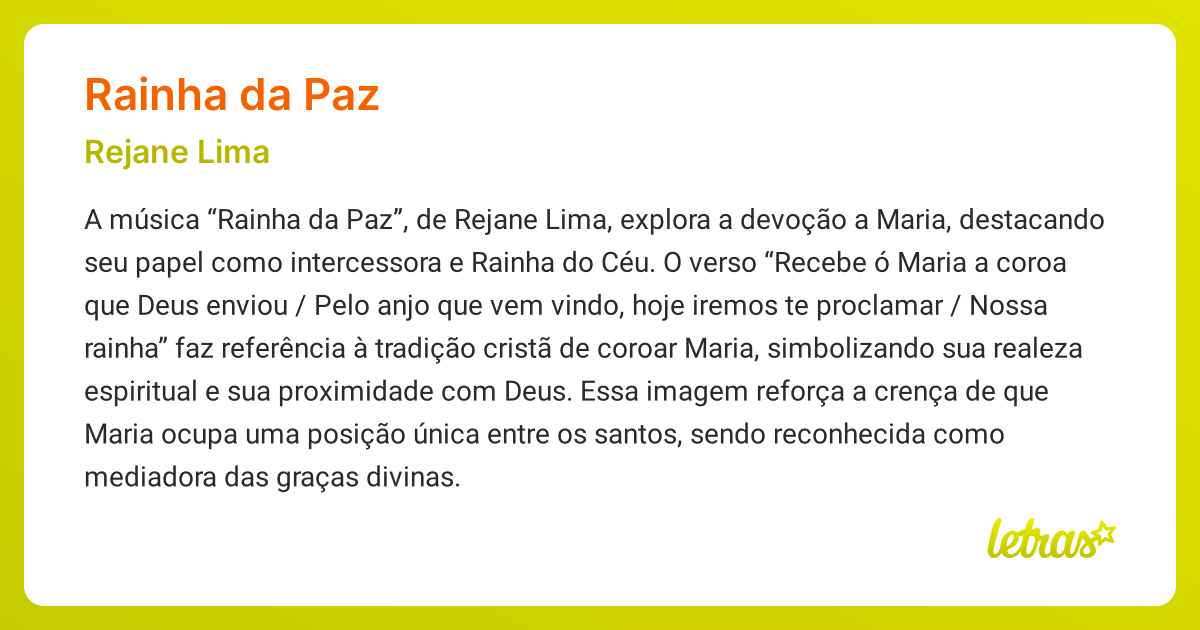 Significado da música RAINHA DA PAZ (Rejane Lima) - LETRAS.MUS.BR