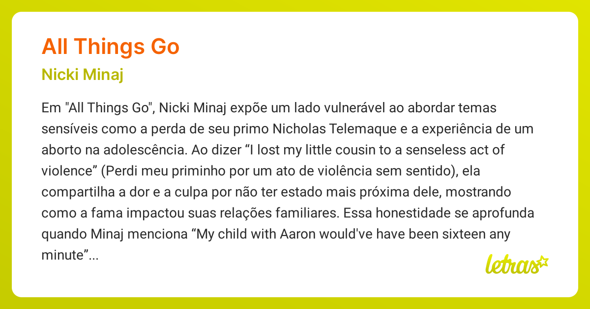 Significado da música ALL THINGS GO (Nicki Minaj) - LETRAS.MUS.BR