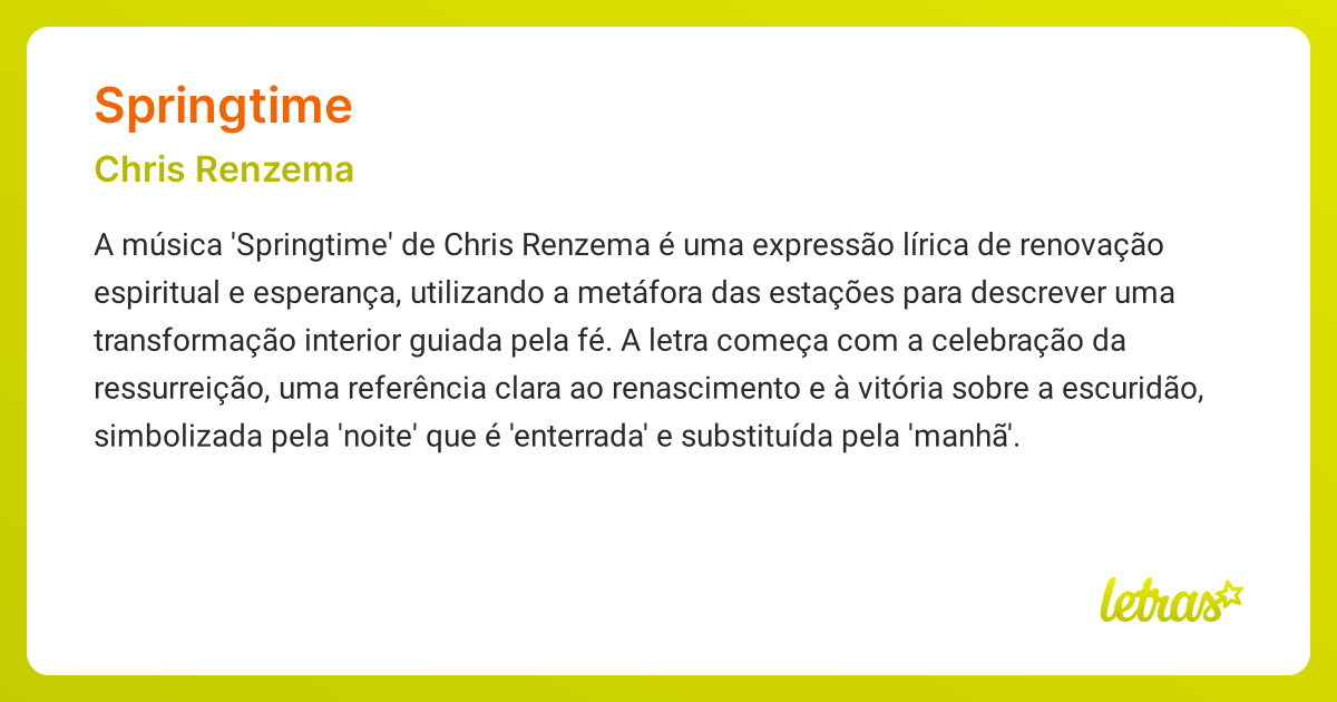 Significado da música SPRINGTIME (Chris Renzema) - LETRAS.MUS.BR
