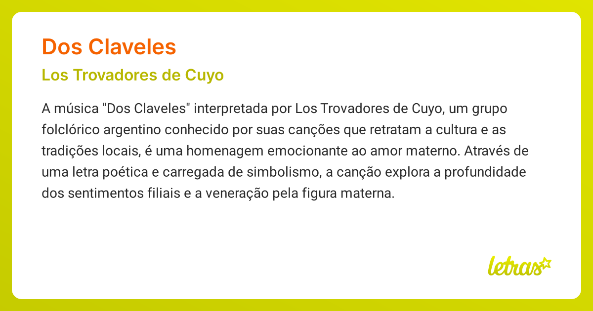 Significado da música DOS CLAVELES (Los Trovadores de Cuyo) - LETRAS.MUS.BR