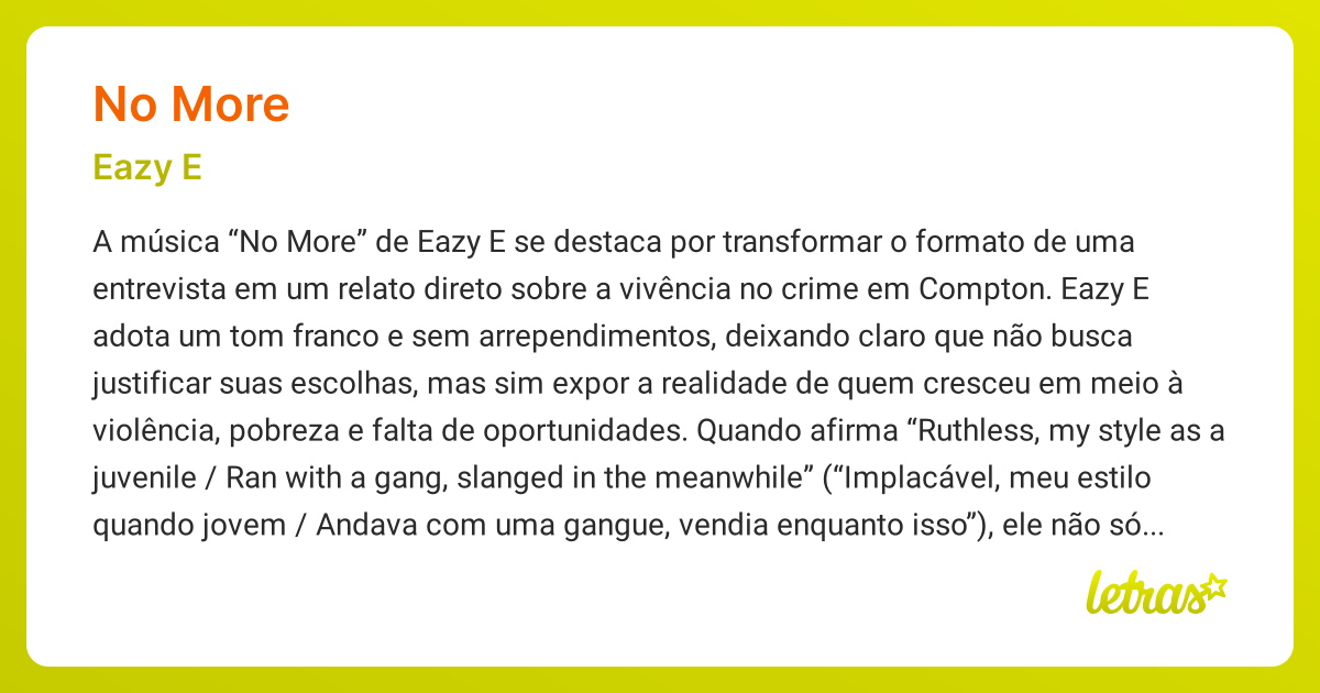 Significado da música NO MORE (Eazy E) - LETRAS.MUS.BR