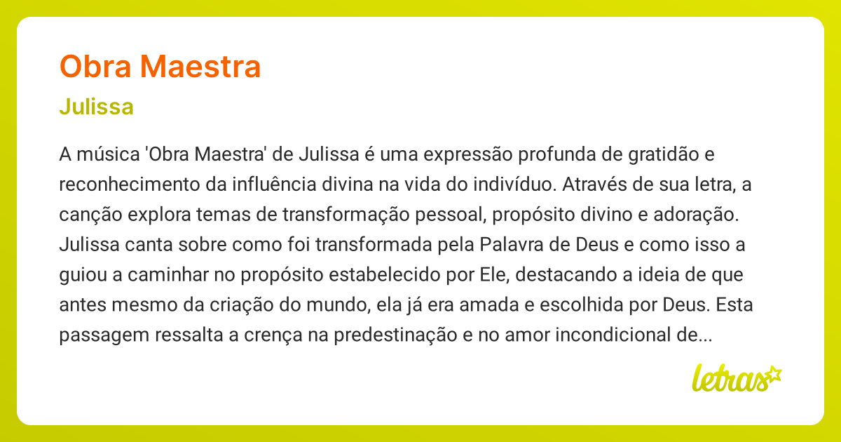 Significado da música OBRA MAESTRA (Julissa) - LETRAS.MUS.BR