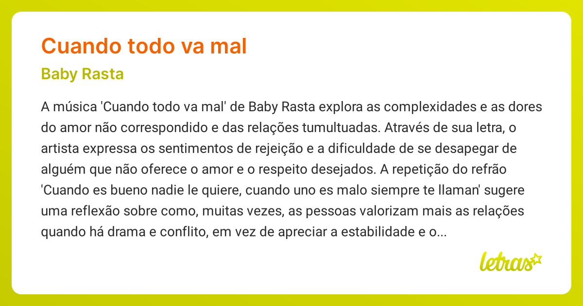 Significado da música CUANDO TODO VA MAL (Baby Rasta) - LETRAS.MUS.BR
