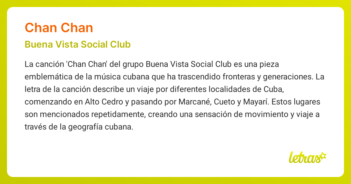 Significado de la canción CHAN CHAN (Buena Vista Social Club) - LETRAS.COM