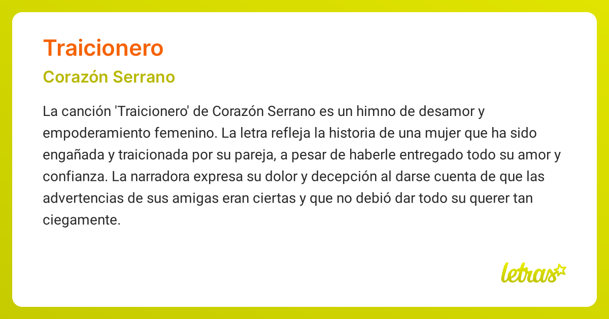 Significado de la canción TRAICIONERO (Corazón Serrano) - LETRAS.COM