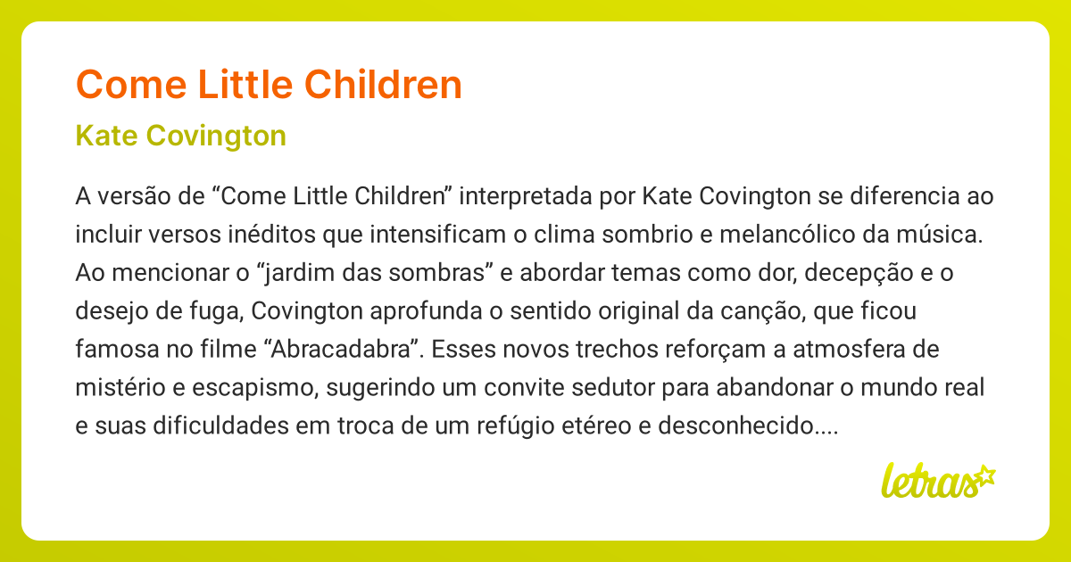 Significado da música COME LITTLE CHILDREN (Kate Covington) - LETRAS.MUS.BR