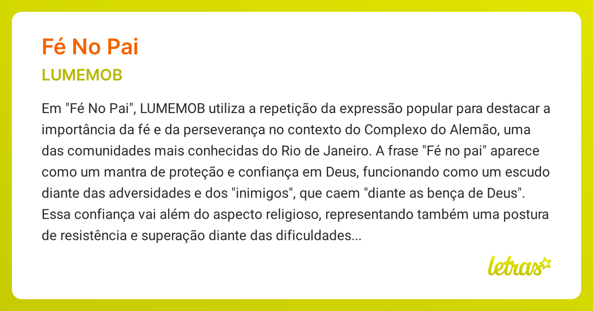 Significado da música FÉ NO PAI (LUMEMOB) - LETRAS.MUS.BR