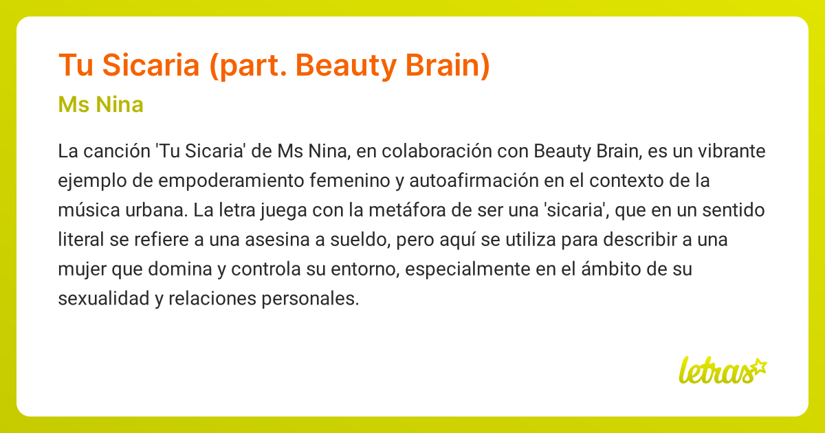 Significado de la canción Tu Sicaria (part. Beauty Brain) (Ms Nina ...