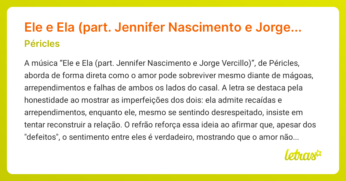 Significado da música Ele e Ela (part. Jennifer Nascimento e Jorge ...