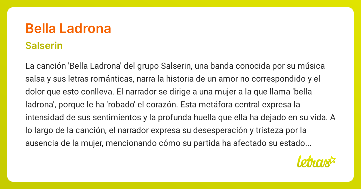 Significado de la canción BELLA LADRONA (Salserin) - LETRAS.COM