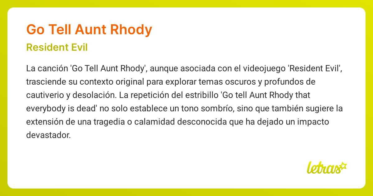 Significado de la canción GO TELL AUNT RHODY (Resident Evil) - LETRAS.COM