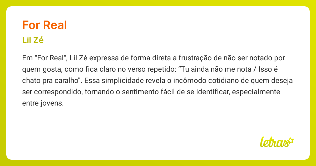 Significado da música FOR REAL (Lil Zé) - LETRAS.MUS.BR