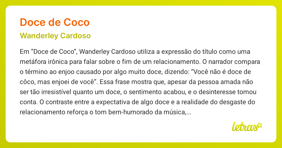 Significado da música DOCE DE COCO (Wanderley Cardoso) - LETRAS.MUS.BR