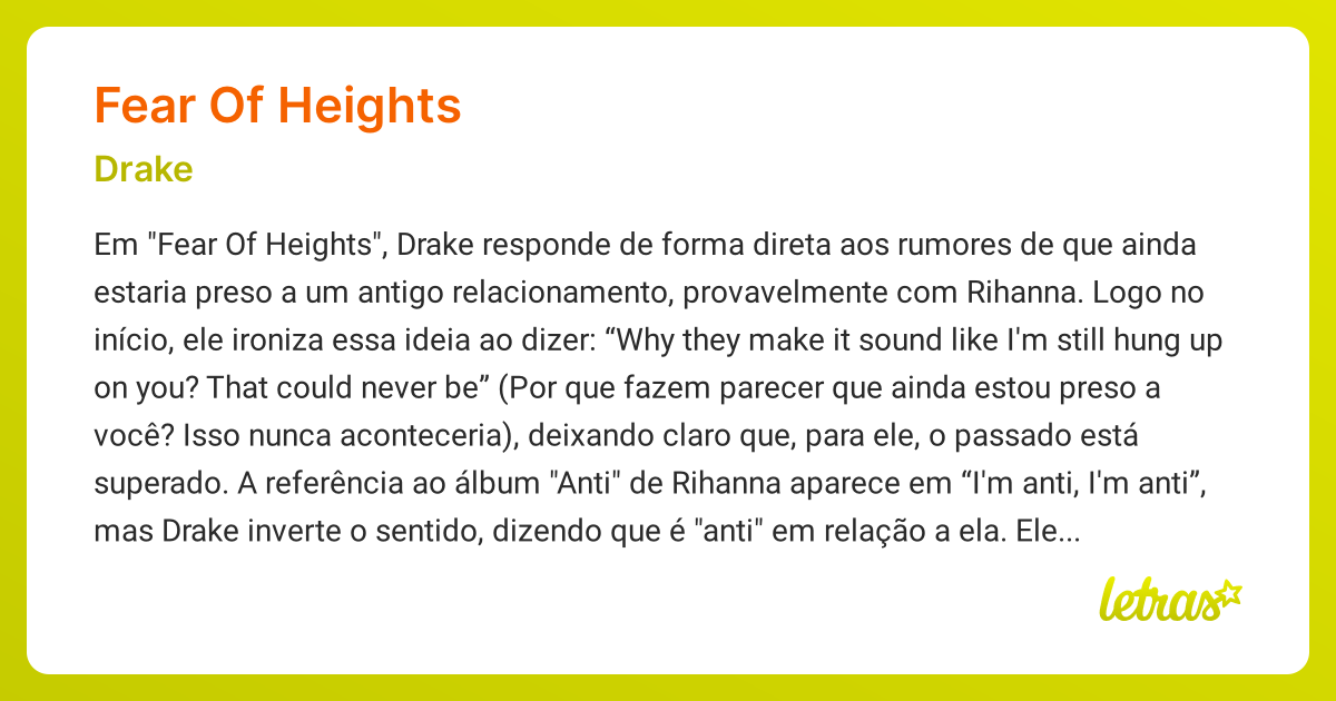 Significado da música FEAR OF HEIGHTS (Drake) - LETRAS.MUS.BR