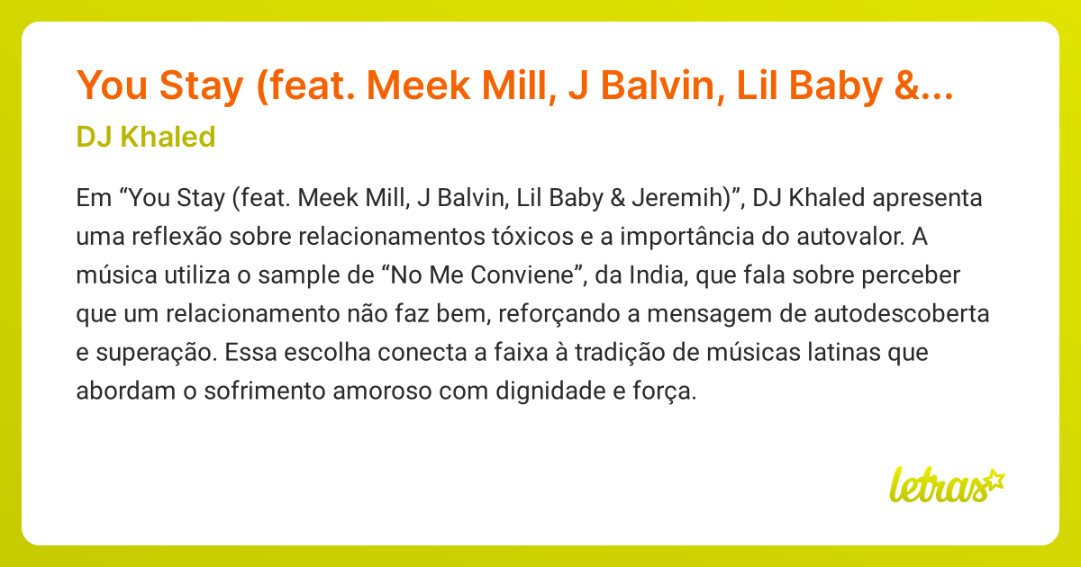 Significado da música You Stay (feat. Meek Mill, J Balvin, Lil Baby ...