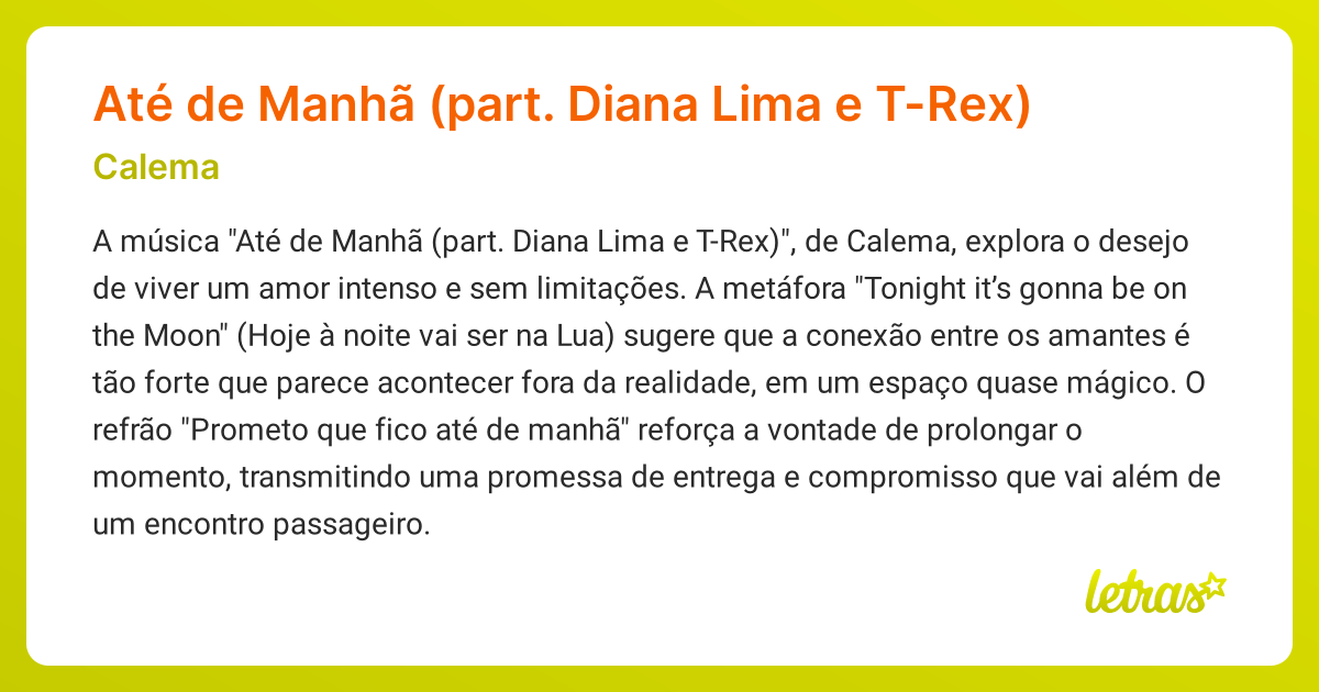 Significado da música Até de Manhã (part. Diana Lima e T-Rex) (Calema ...