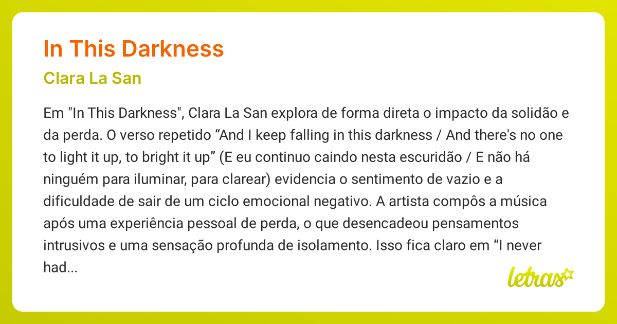 Significado da música IN THIS DARKNESS (Clara La San) - LETRAS.MUS.BR