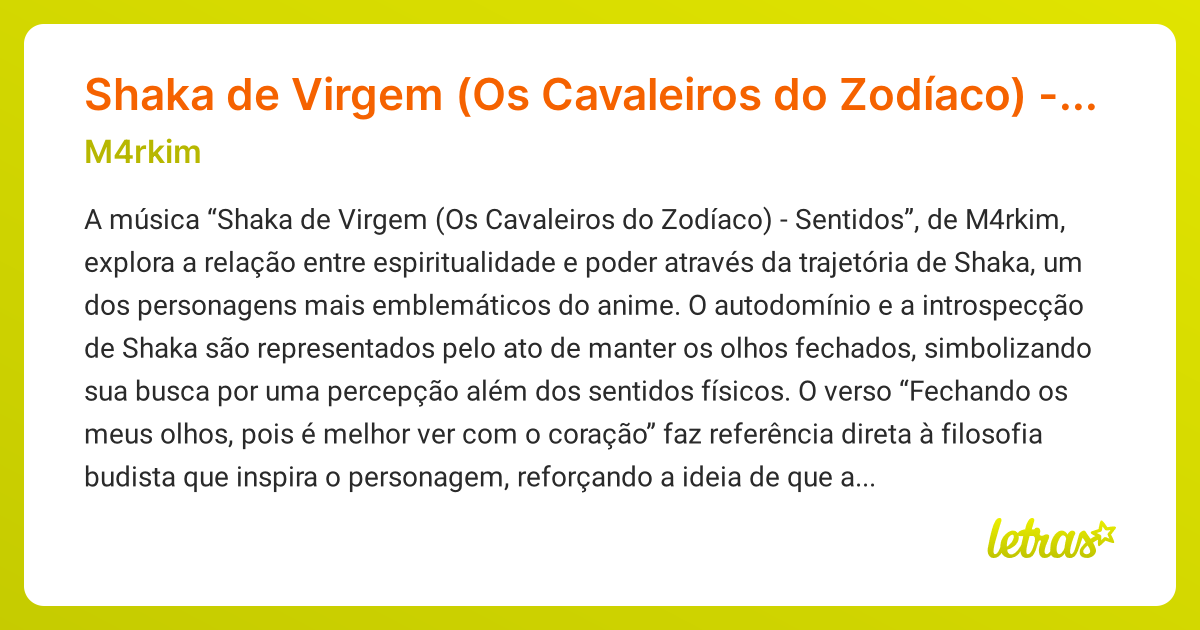 Significado da música Shaka de Virgem (Os Cavaleiros do Zodíaco ...