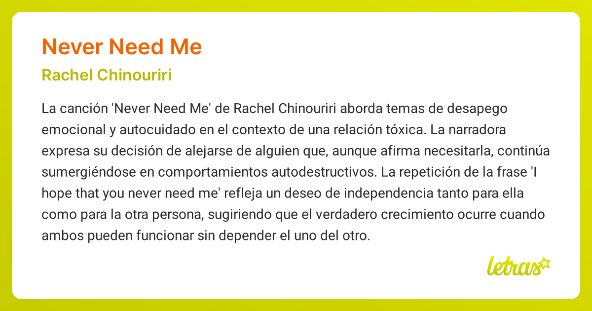 Significado de la canción NEVER NEED ME (Rachel Chinouriri) - LETRAS.COM
