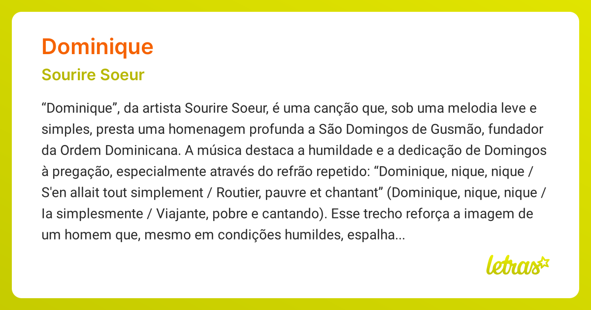 Significado da música DOMINIQUE (Sourire Soeur) - LETRAS.MUS.BR