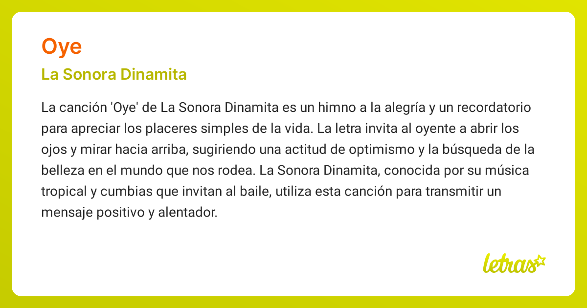 Significado de la canción OYE (La Sonora Dinamita) - LETRAS.COM