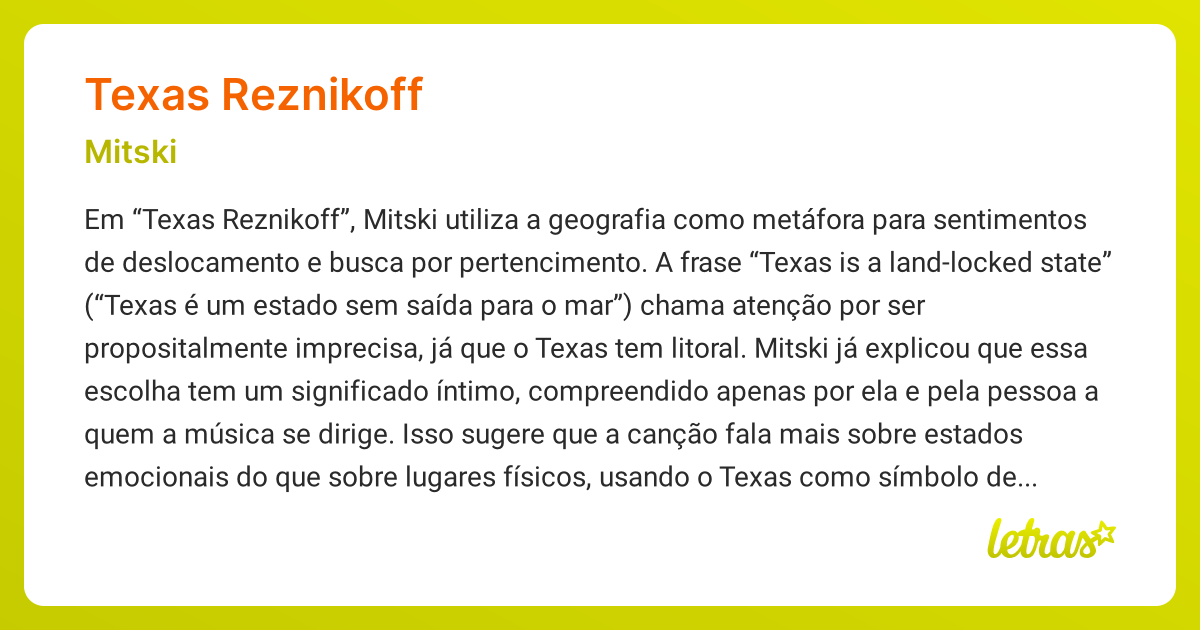 Significado da música TEXAS REZNIKOFF (Mitski) - LETRAS.MUS.BR