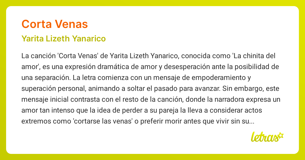 Significado de la canción CORTA VENAS (Yarita Lizeth Yanarico) - LETRAS.COM