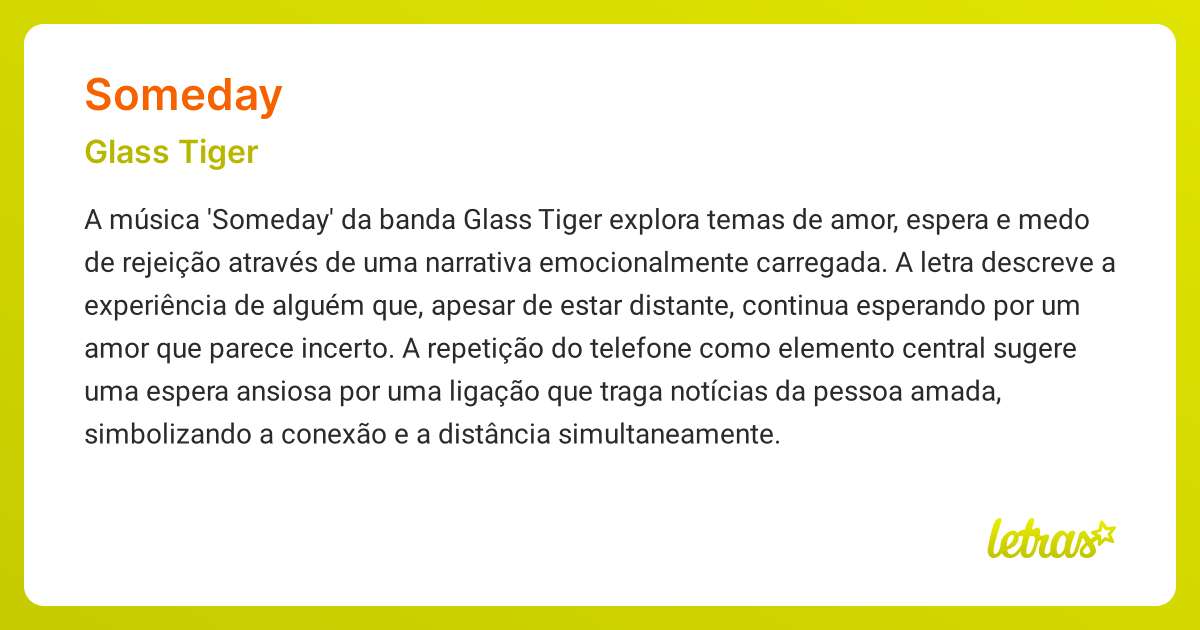 Significado da música SOMEDAY (Glass Tiger) - LETRAS.MUS.BR