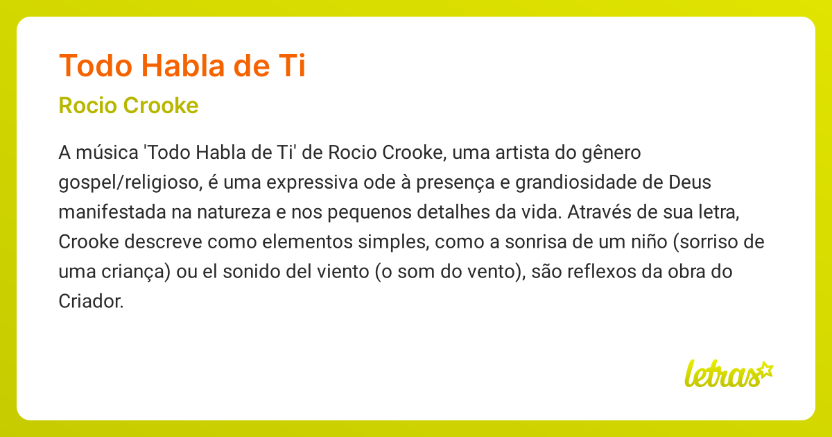 Significado da música TODO HABLA DE TI (Rocio Crooke) - LETRAS.MUS.BR