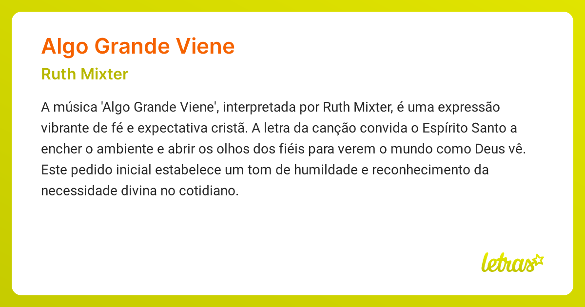 Significado da música ALGO GRANDE VIENE (Ruth Mixter) - LETRAS.MUS.BR