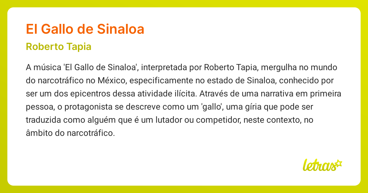 Significado da música EL GALLO DE SINALOA (Roberto Tapia) - LETRAS.MUS.BR
