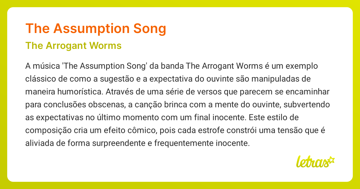 Significado da música THE ASSUMPTION SONG (The Arrogant Worms) - LETRAS ...