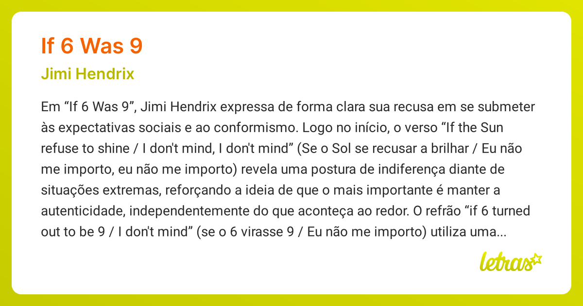 Significado da música IF 6 WAS 9 (Jimi Hendrix) - LETRAS.MUS.BR