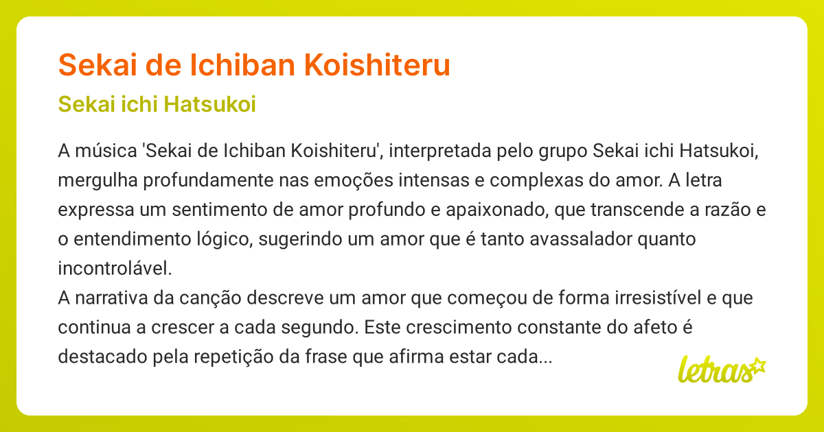 Significado da música SEKAI DE ICHIBAN KOISHITERU (Sekai ichi Hatsukoi ...