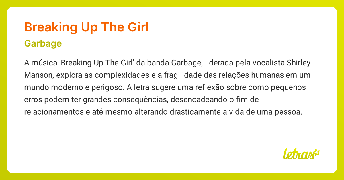 Significado da música BREAKING UP THE GIRL (Garbage) - LETRAS.MUS.BR