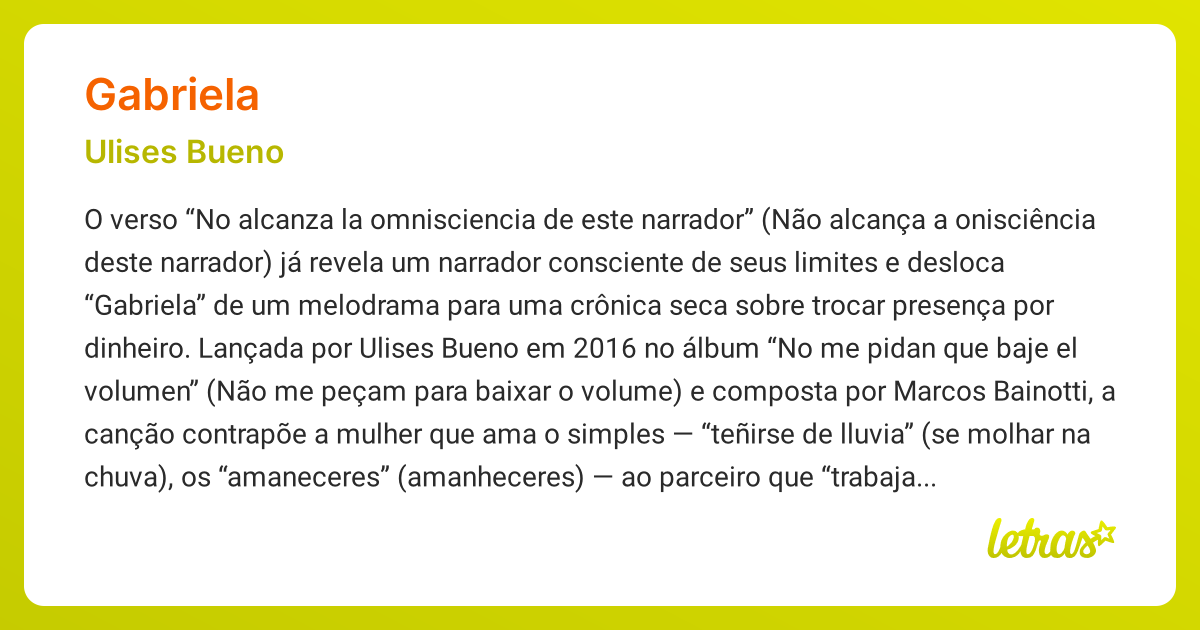 Significado da música GABRIELA (Ulises Bueno) - LETRAS.MUS.BR
