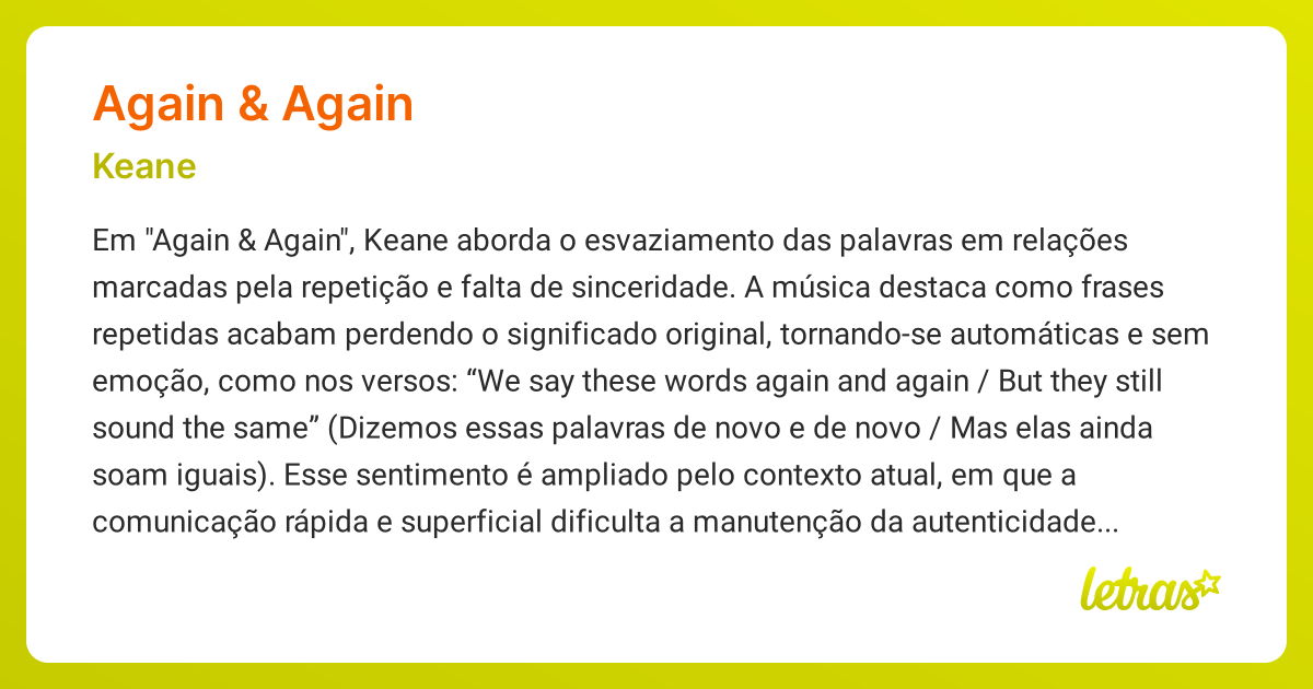 Significado da música AGAIN & AGAIN (Keane) - LETRAS.MUS.BR