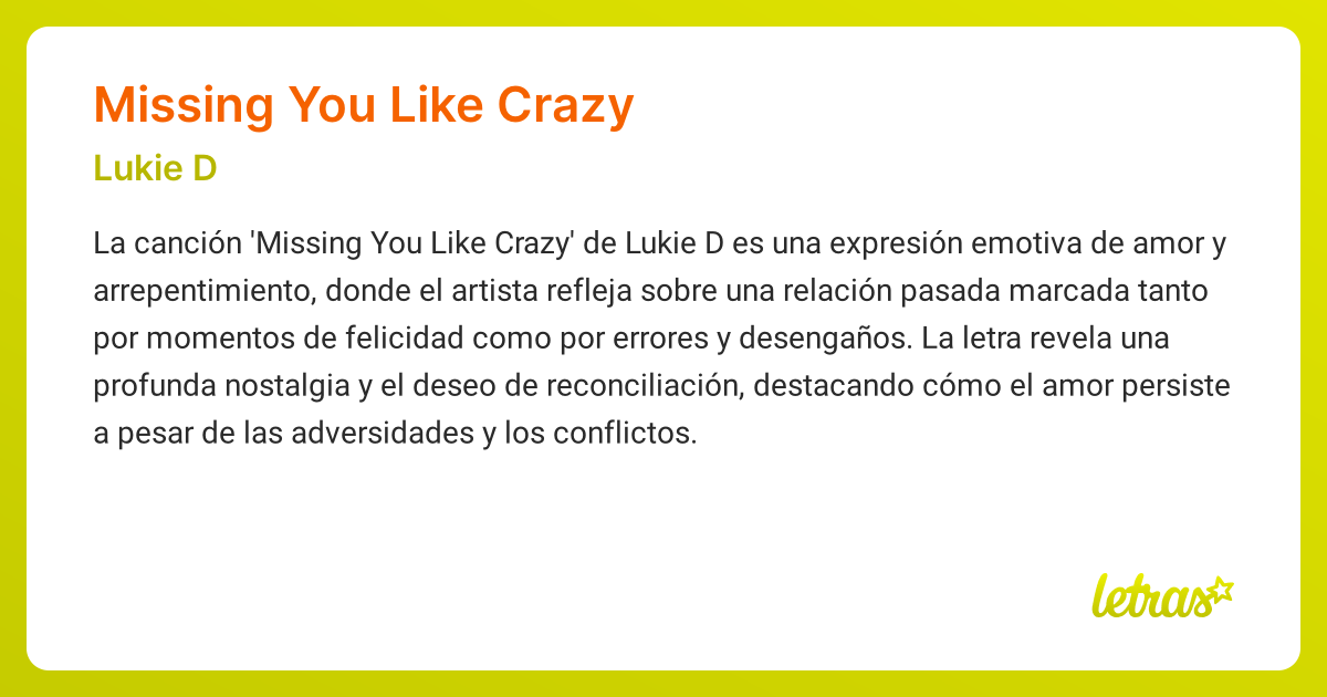 Significado de la canción MISSING YOU LIKE CRAZY (Lukie D) - LETRAS.COM