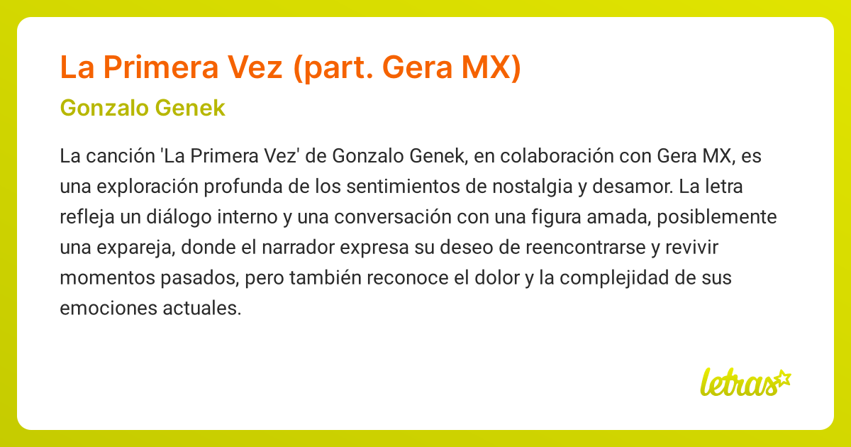 Significado de la canción LA PRIMERA VEZ (PART. GERA MX) (Gonzalo Genek ...