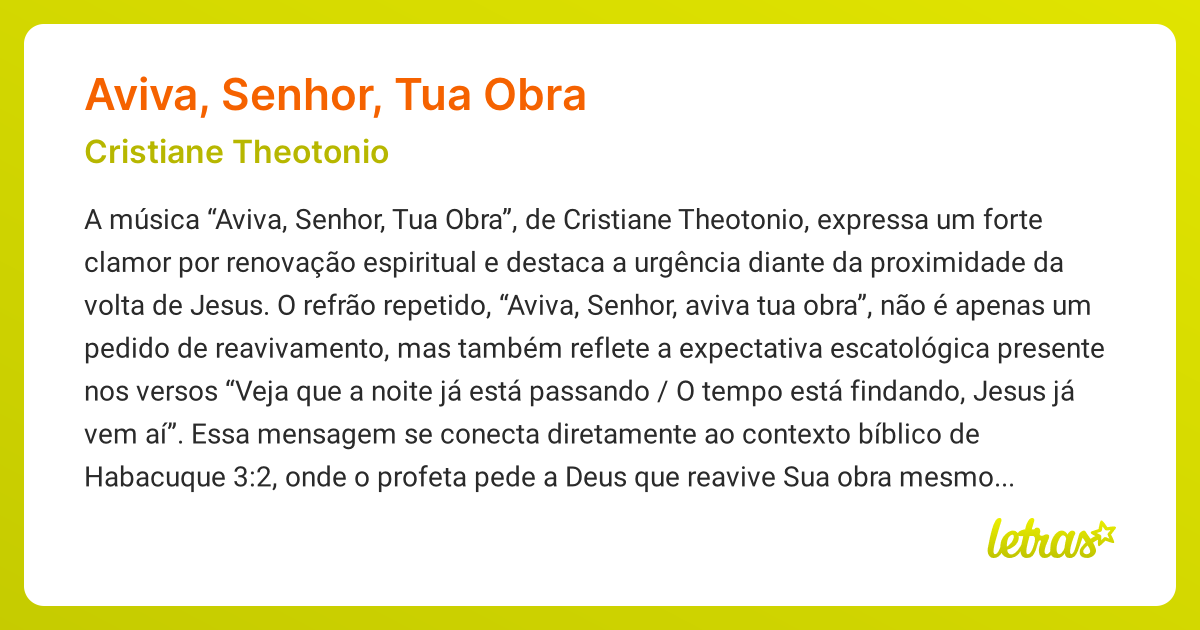 Significado da música AVIVA, SENHOR, TUA OBRA (Cristiane Theotonio ...