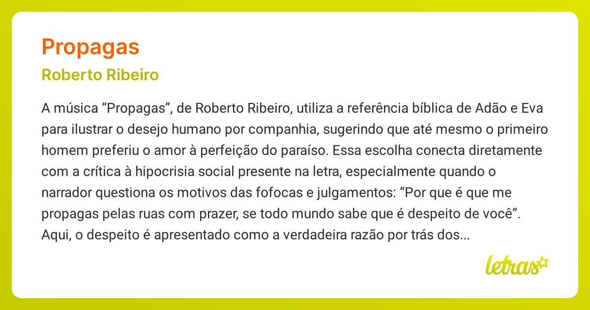 Significado da música PROPAGAS (Roberto Ribeiro) - LETRAS.MUS.BR