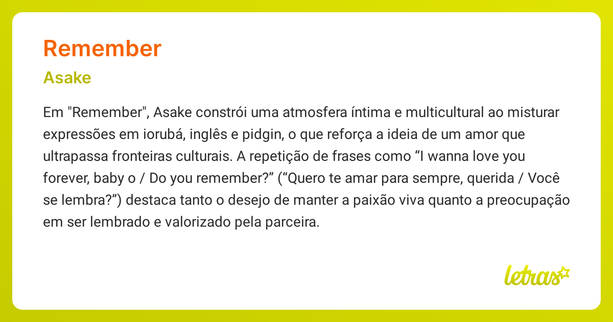 Significado da música REMEMBER (Asake) - LETRAS.MUS.BR