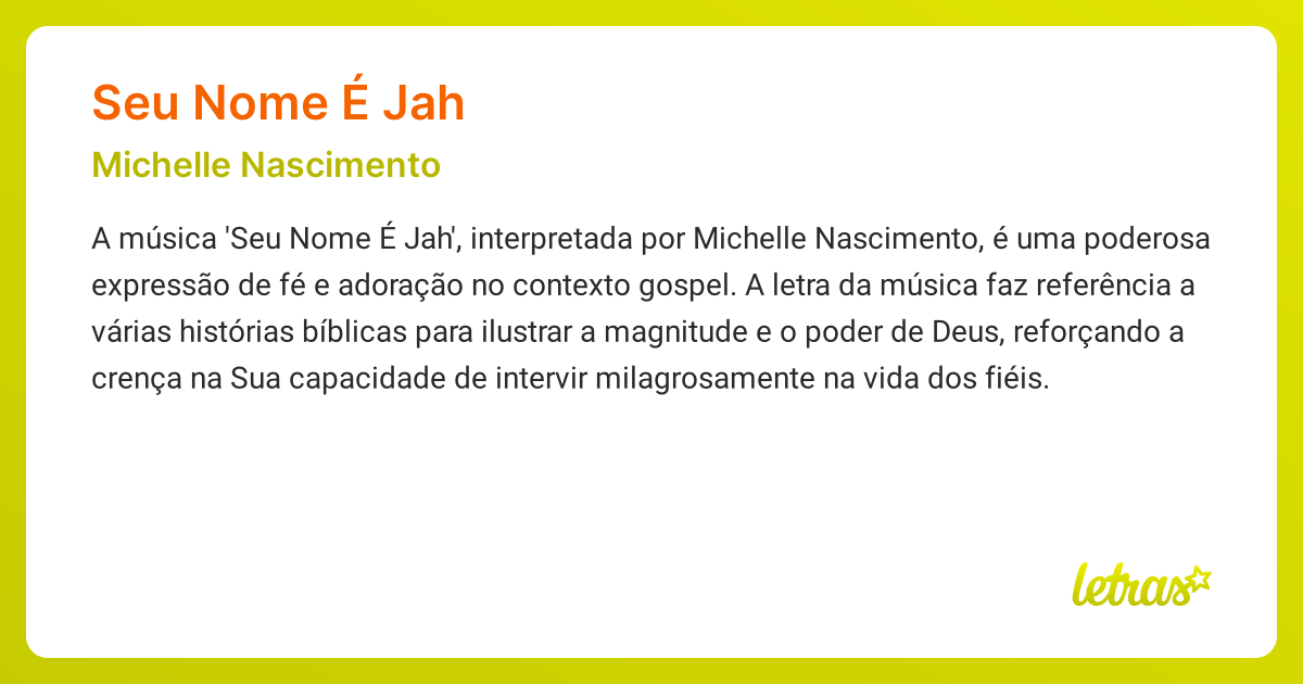 Significado da música SEU NOME É JAH (Michelle Nascimento) - LETRAS.MUS.BR
