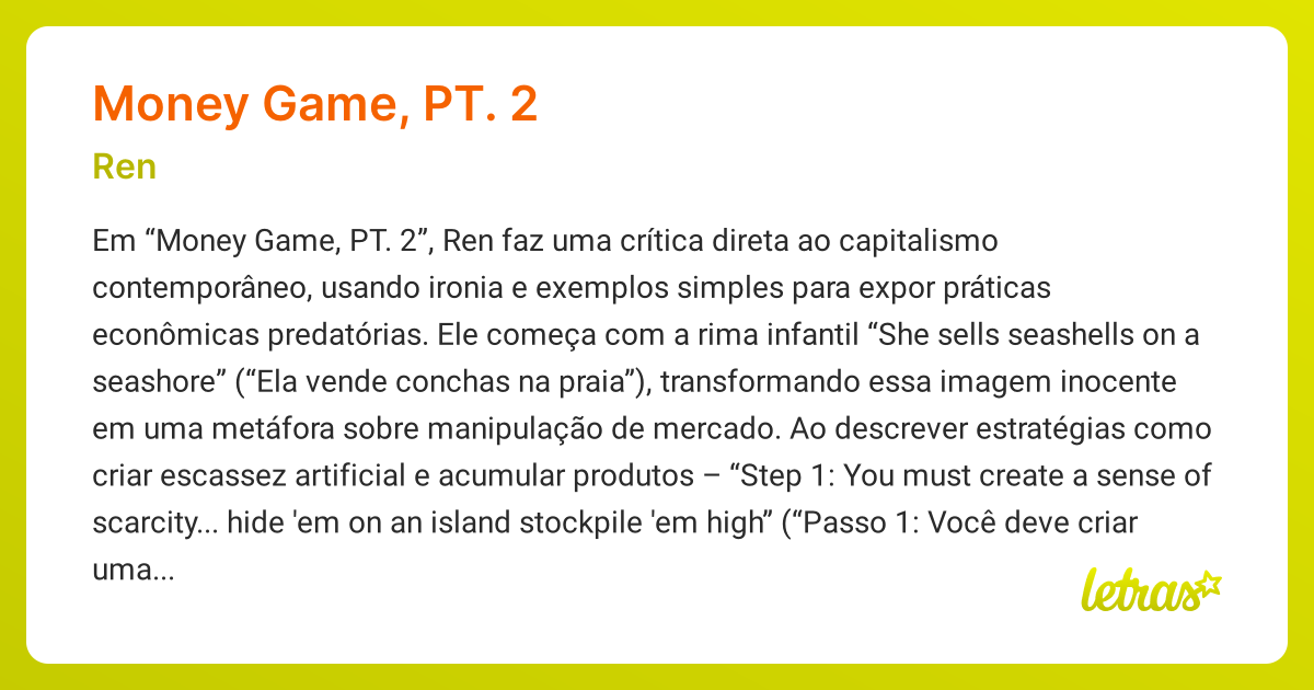 Significado da música MONEY GAME, PT. 2 (Ren) - LETRAS.MUS.BR