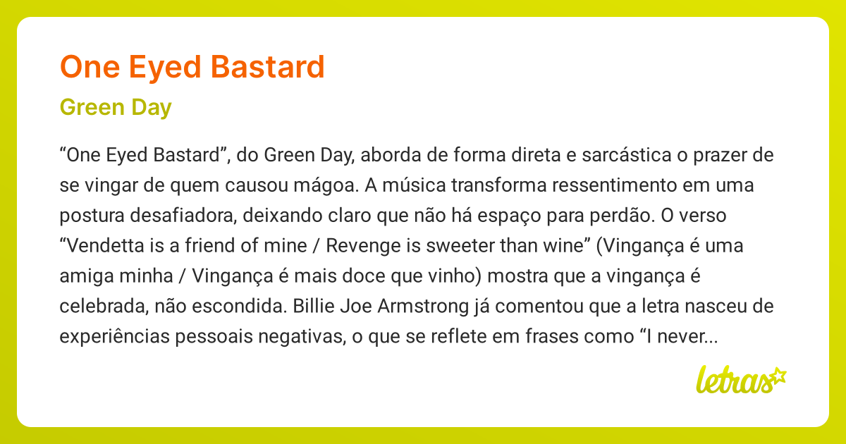 Significado da música ONE EYED BASTARD (Green Day) - LETRAS.MUS.BR